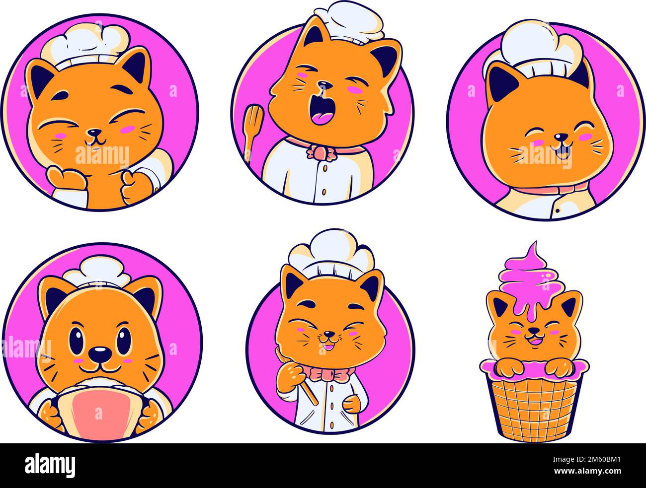A set of cute cat chef icons isolated on a white background Stock ...