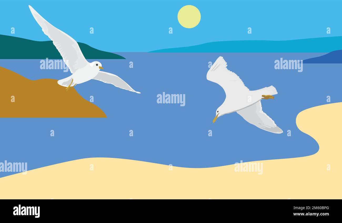 A vector of seagulls flying over a beach on a sunny day Stock Vector ...