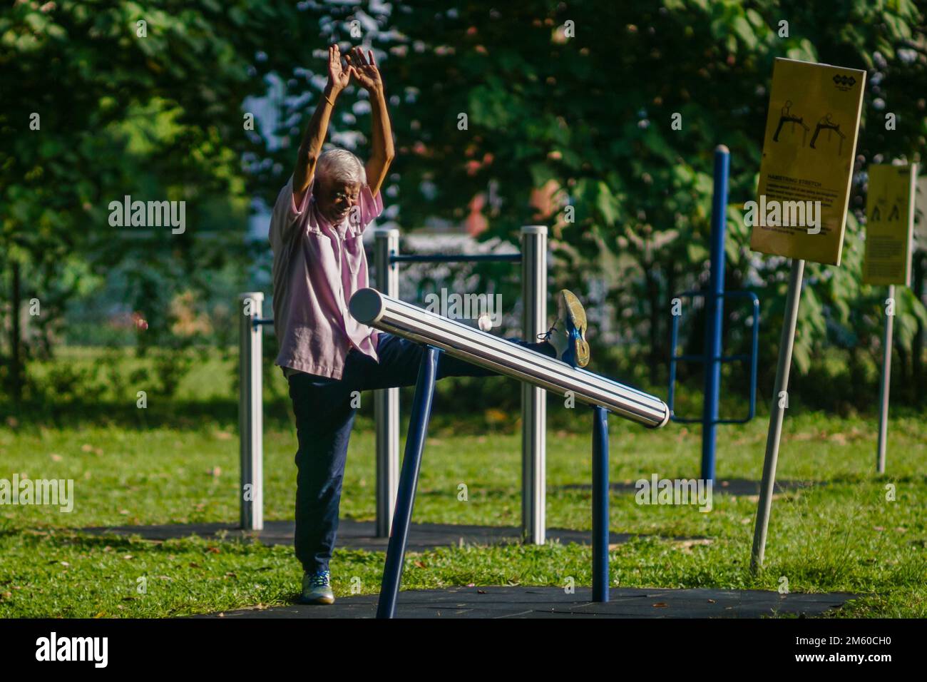 An elderly person using exercise equipment in the park on a sunny ...