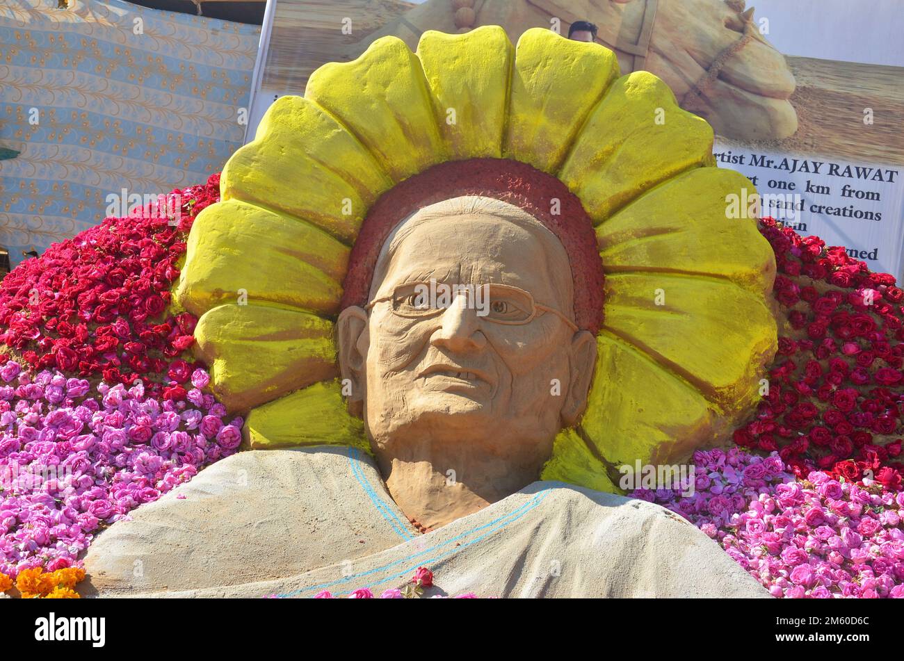 Pushkar, Rajasthan, India, January 1, 2023: Sand artist Ajay Rawat ...