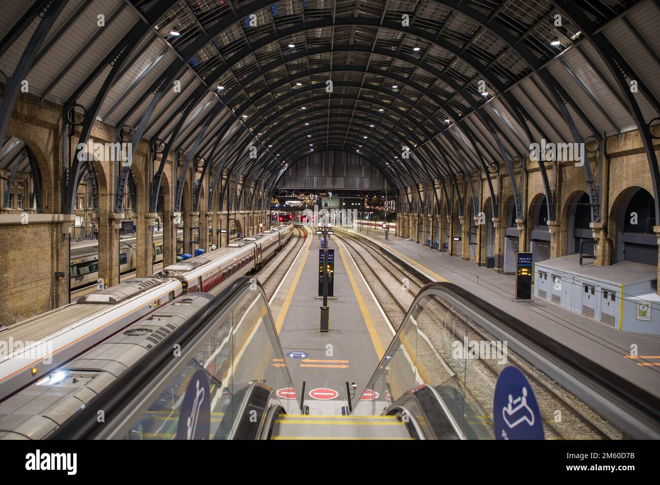 Internal view of Kings Cross Station roof London with LNER trains Stock Photo - Alamy