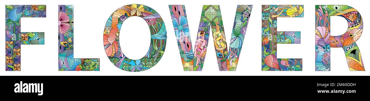 Hand-painted art design. Hand drawn illustration word FLOWER for t ...