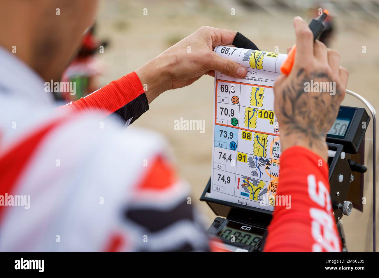 Roadbook during the Stage 1 of the Dakar 2023 around Sea Camp, on ...