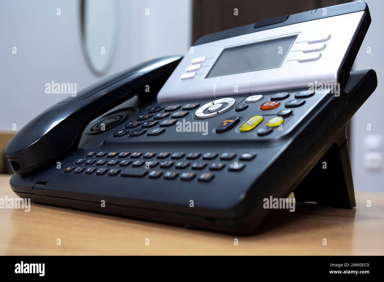 Phone device on office table, communication technology concept Stock ...