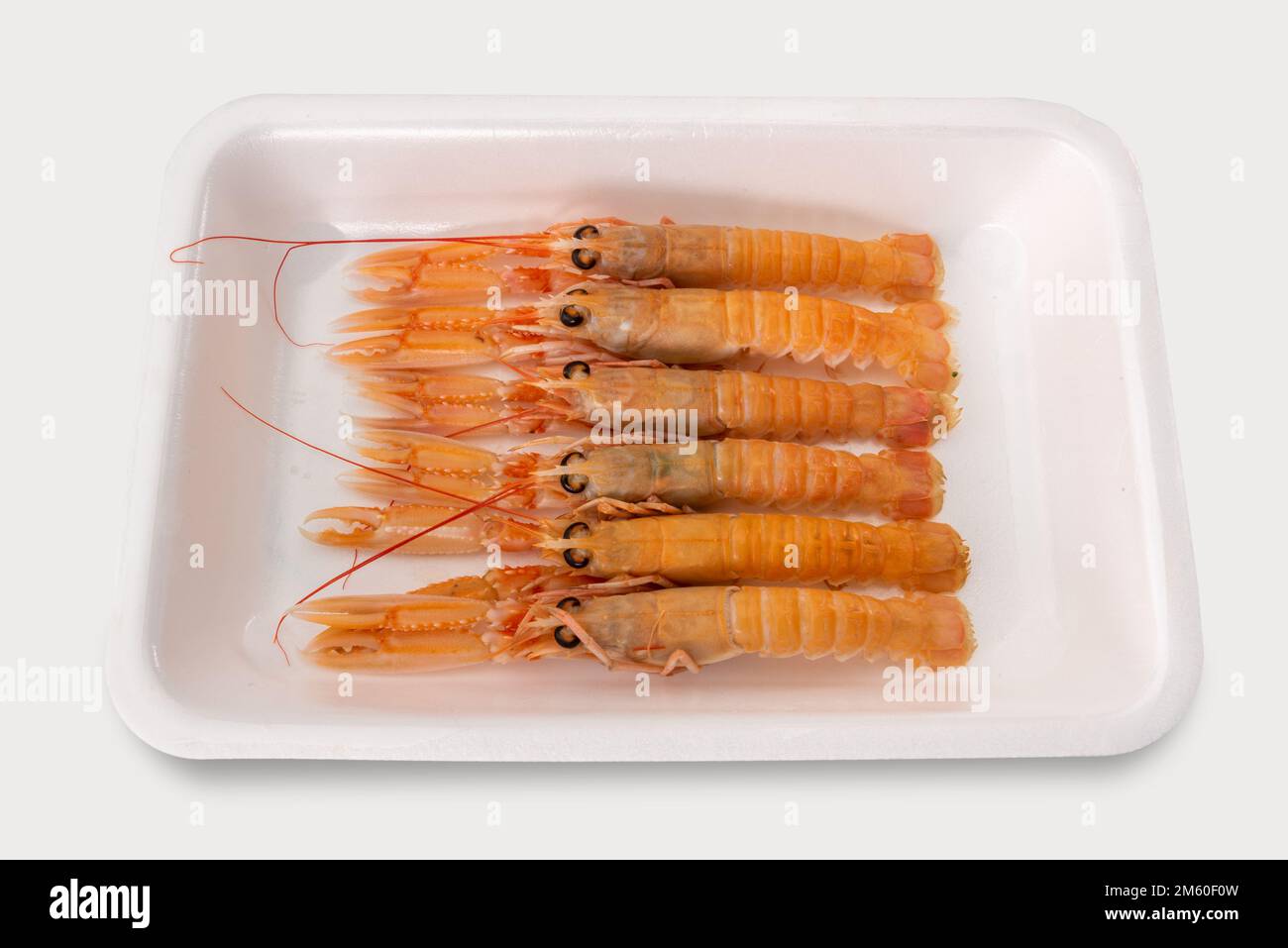 Langoustines, raw scampi ready to be cooked in food plastic tray for ...