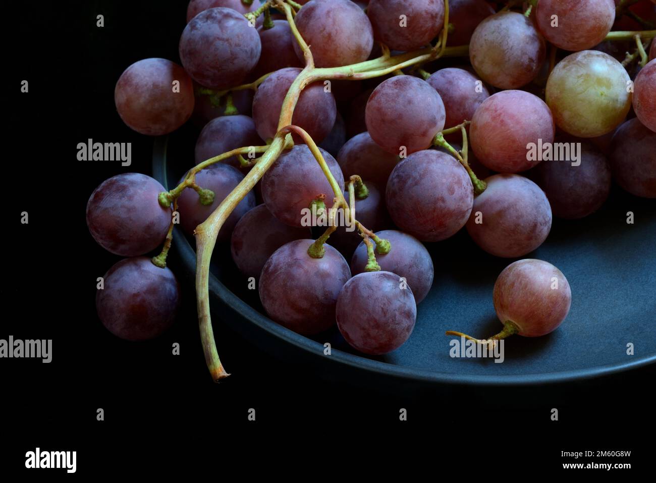 Red grape vine (Vitis vinifera) on plate against dark background Stock ...