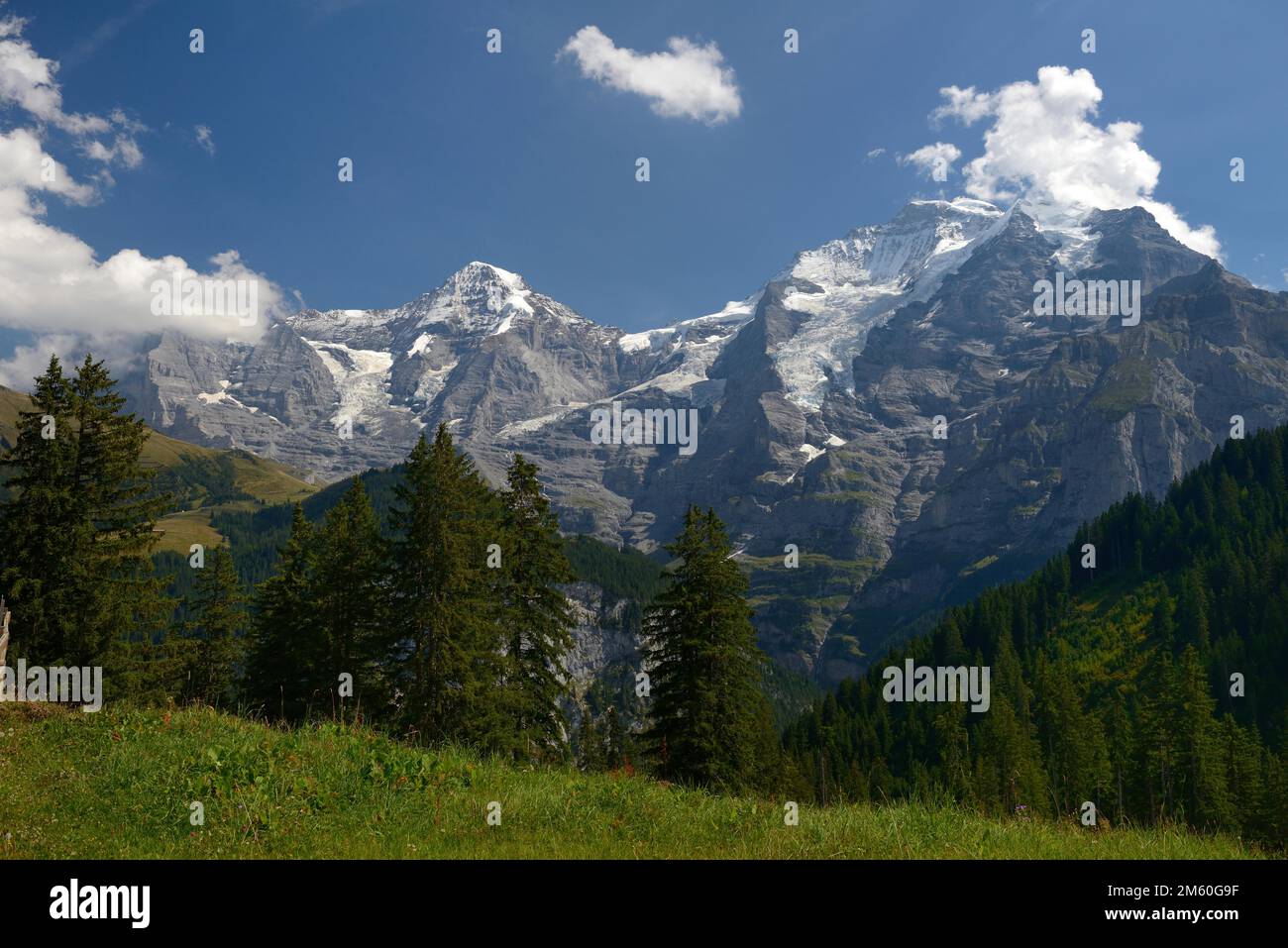 View of the Eiger, Moench and Jungfrau, mountains in the Bernese ...