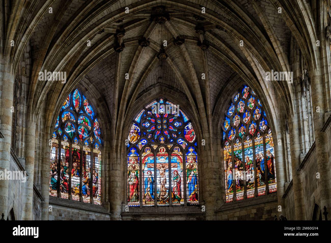 Ceiling and stained glass windows of the choir of the gothic cathedral ...