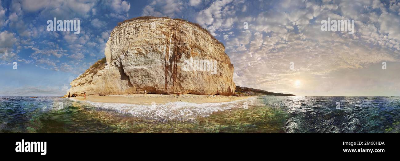 360 panorama with the small sandy beach Mare di Tropea below the mighty ...