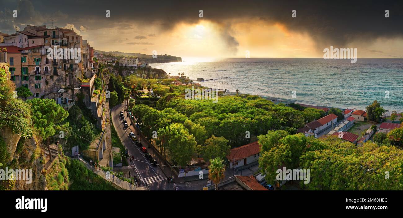 Sea view from the historic old town of Tropea at sunset, Tropea, Vibo ...