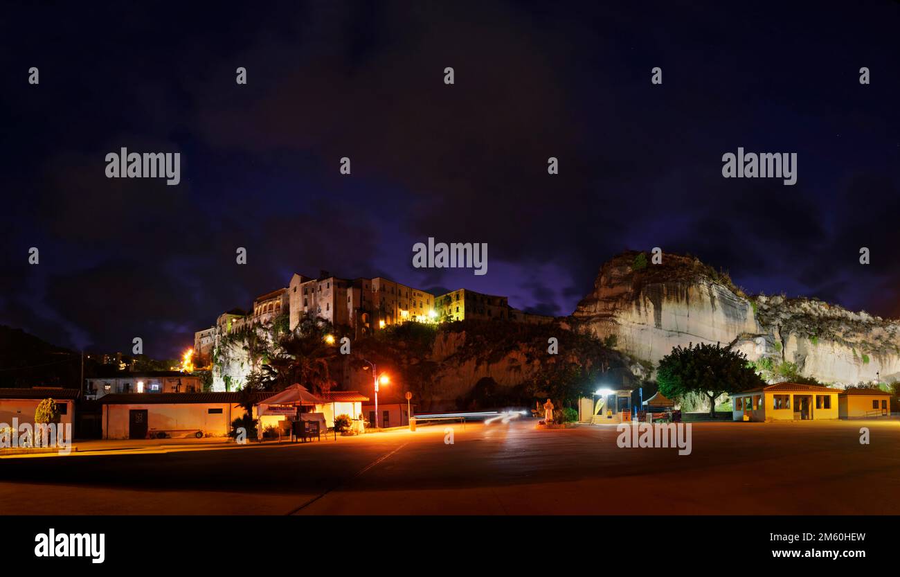 Panorama at the harbour of Tropea with the old town of Tropea at night ...