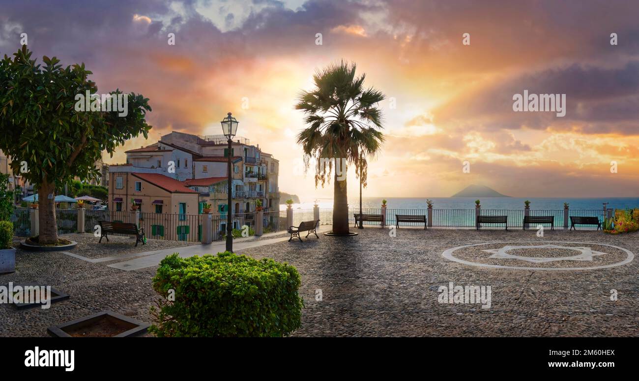 Belvedere Piazza del Cannone town square at sunset and Stromboli ...