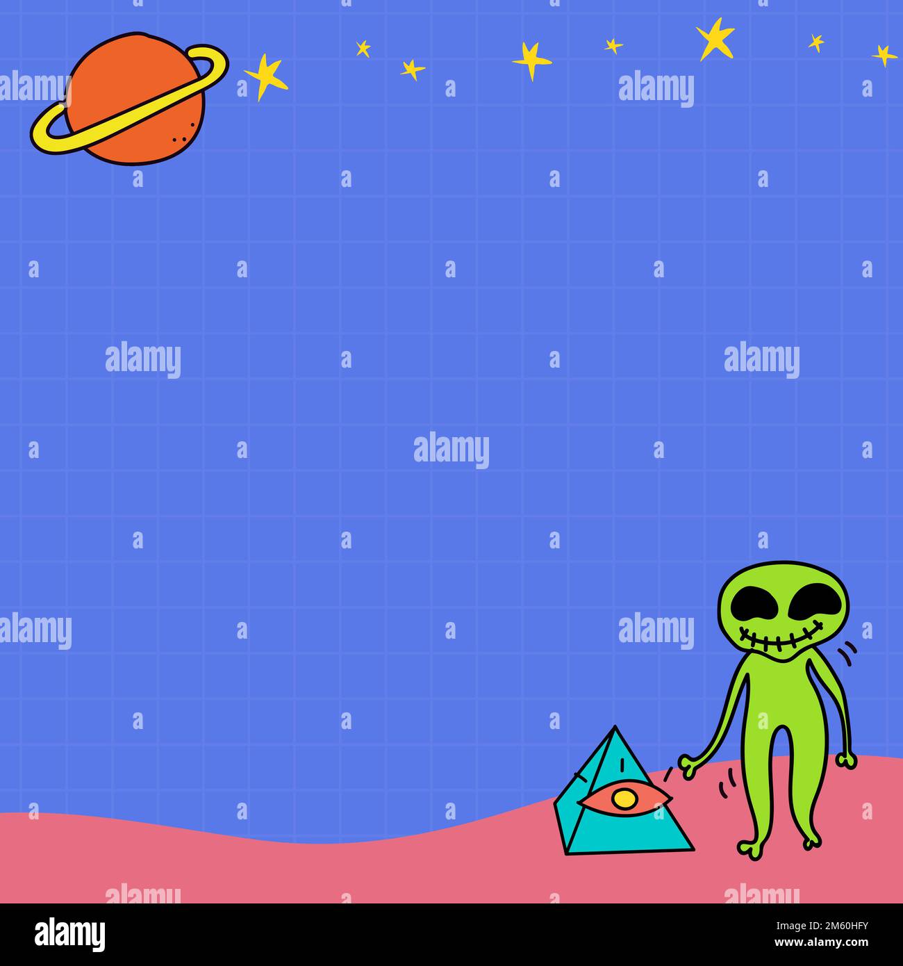 Frame with alien and Saturn on an indigo grid background vector Stock ...