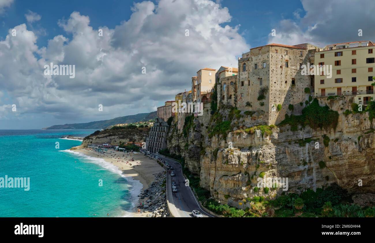 The medieval old town of Tropea with its turquoise sea and sandy ...