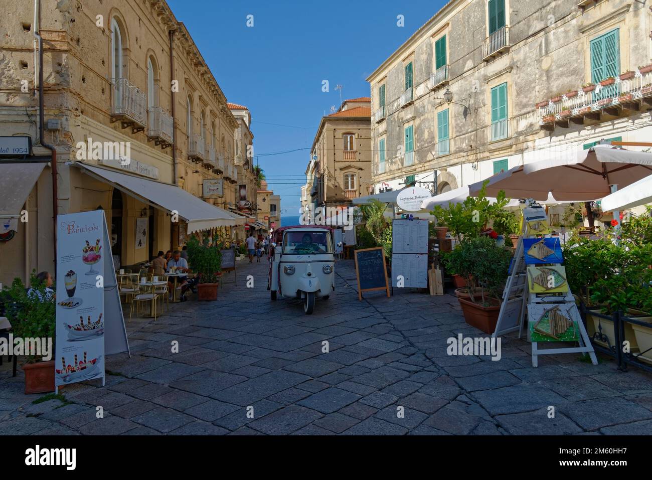 Medieval old town of Tropea with Piaggio Calessino Ape tricycle, Tropea ...