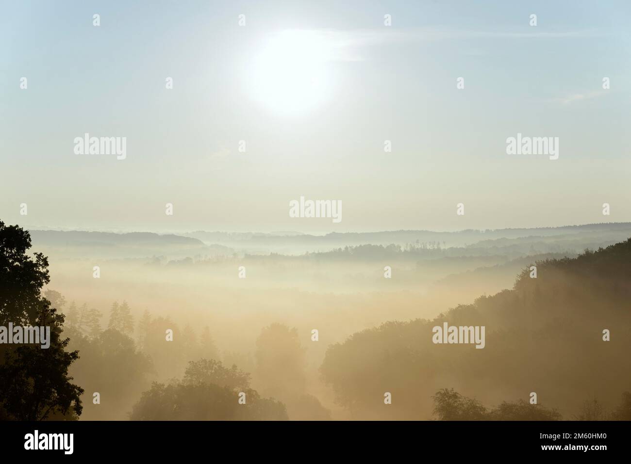 View over valleys and wooded heights in rising early morning mist with ...