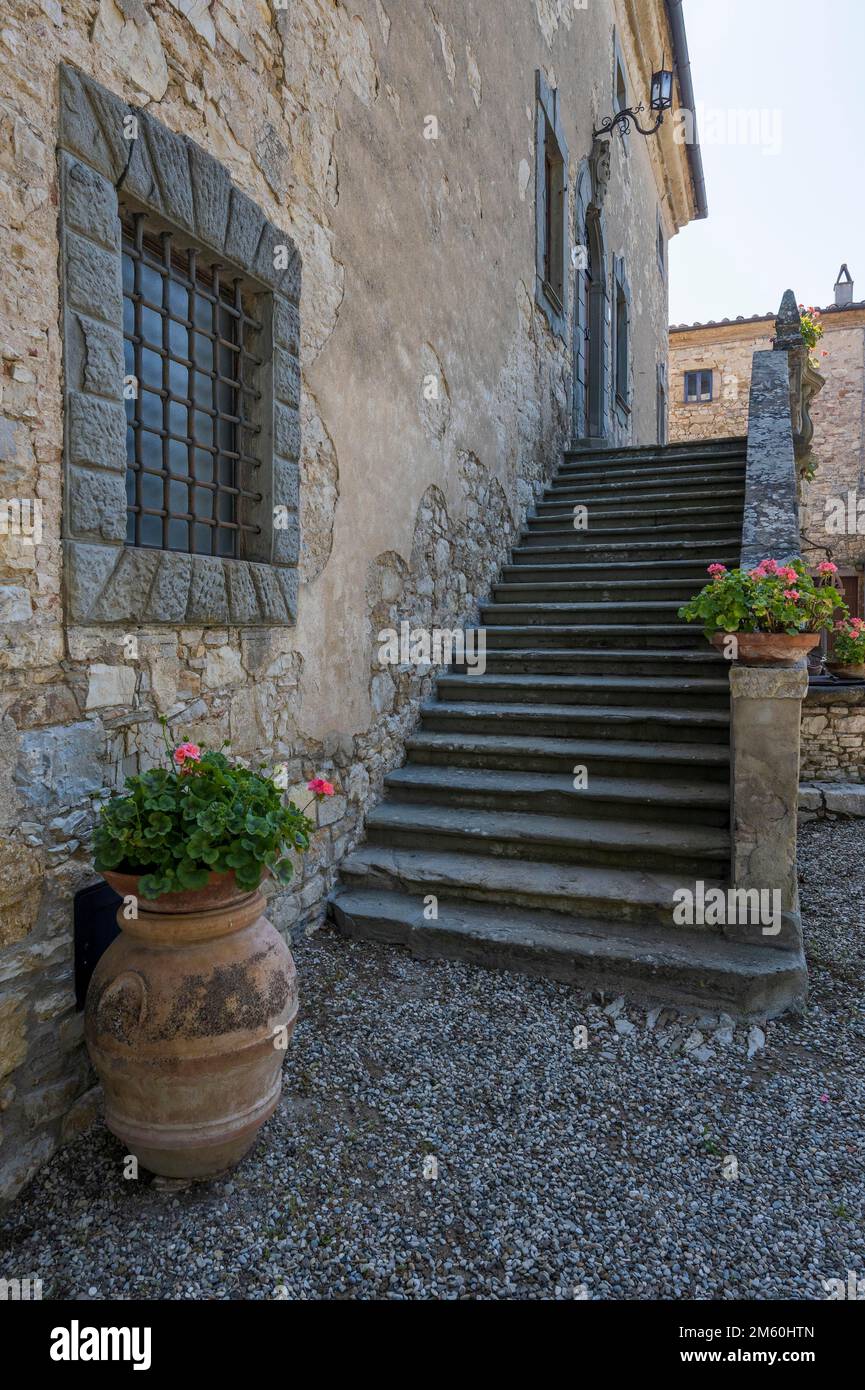 Entrance area decorated with flowers at the Castello di Ama winery ...