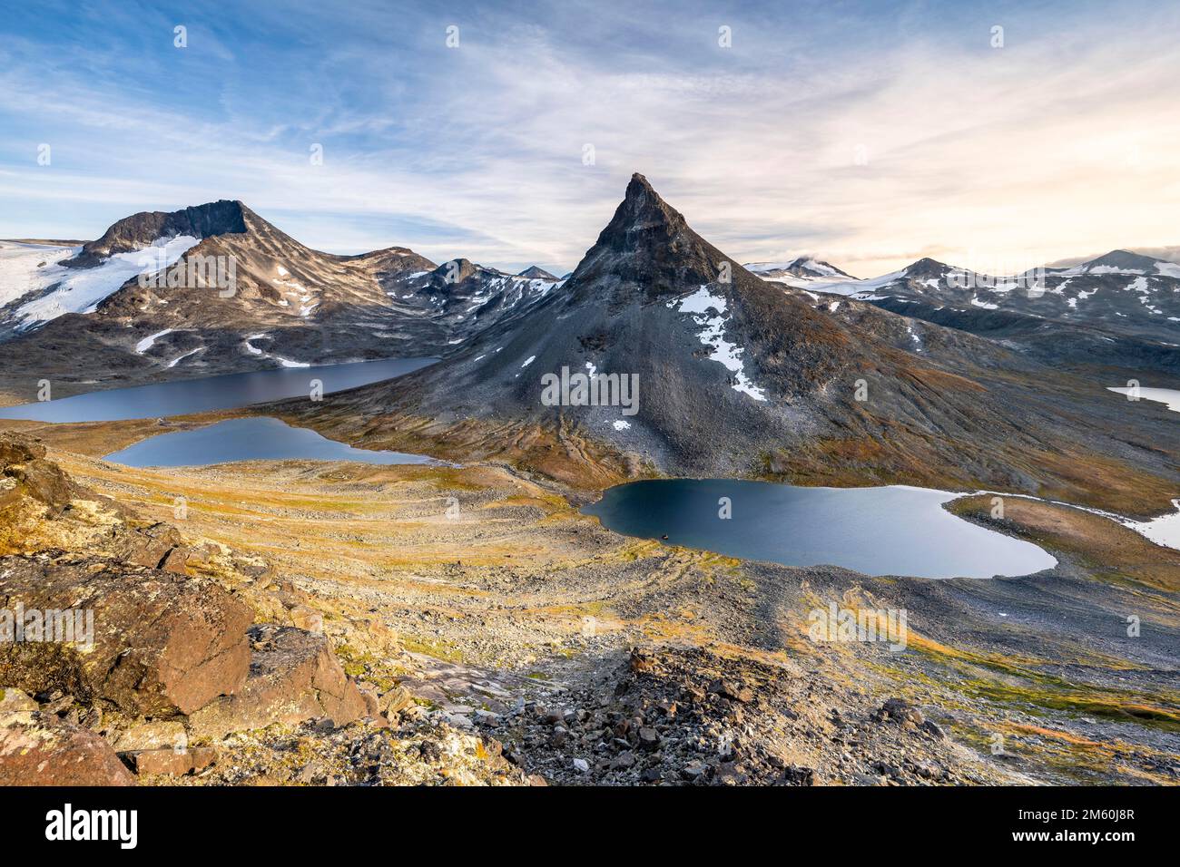 Mount Kyrkja with mountain landscape and lakes, Leirdalen, Jotunheimen National Park, Norway ...