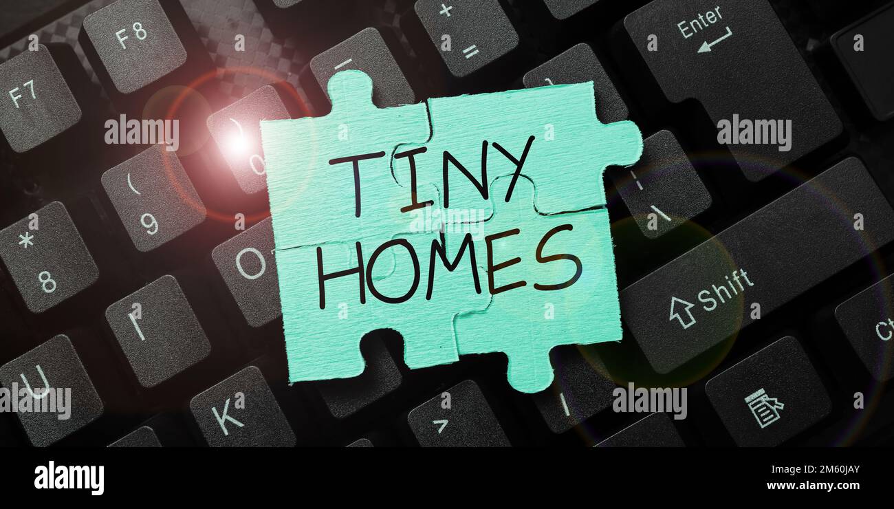Text sign showing Tiny Homes. Word for houses contain one room only or ...