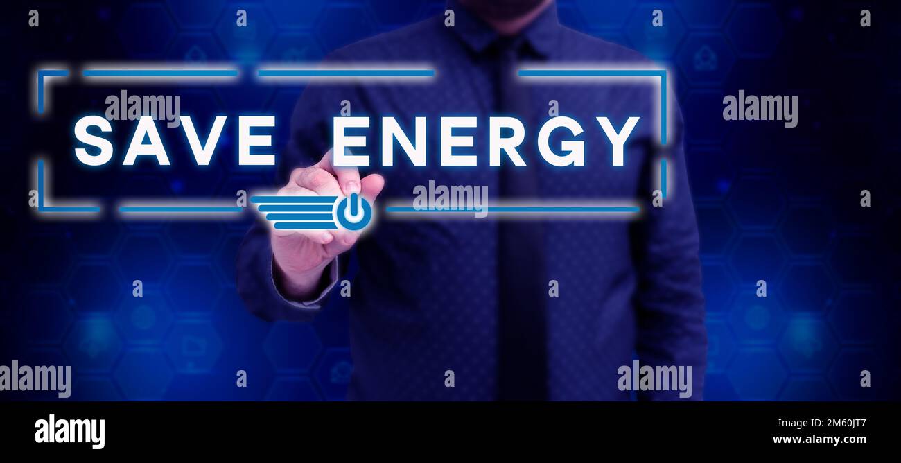 Text caption presenting Save Energy. Business overview decreasing the ...