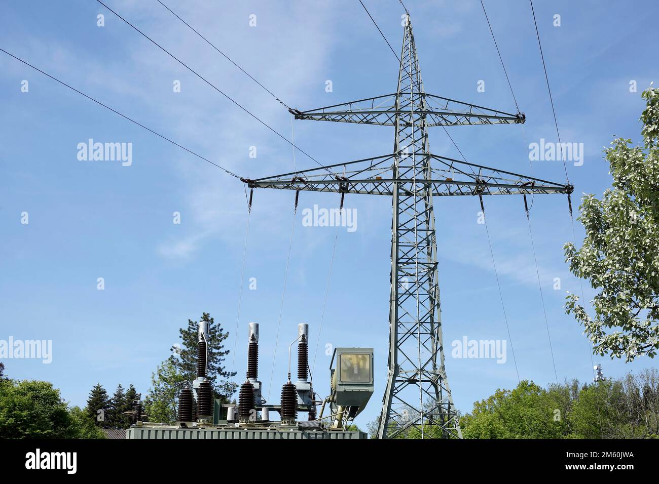 Substation with high-voltage pylons, Prien am Chiemsee, Bavaria ...