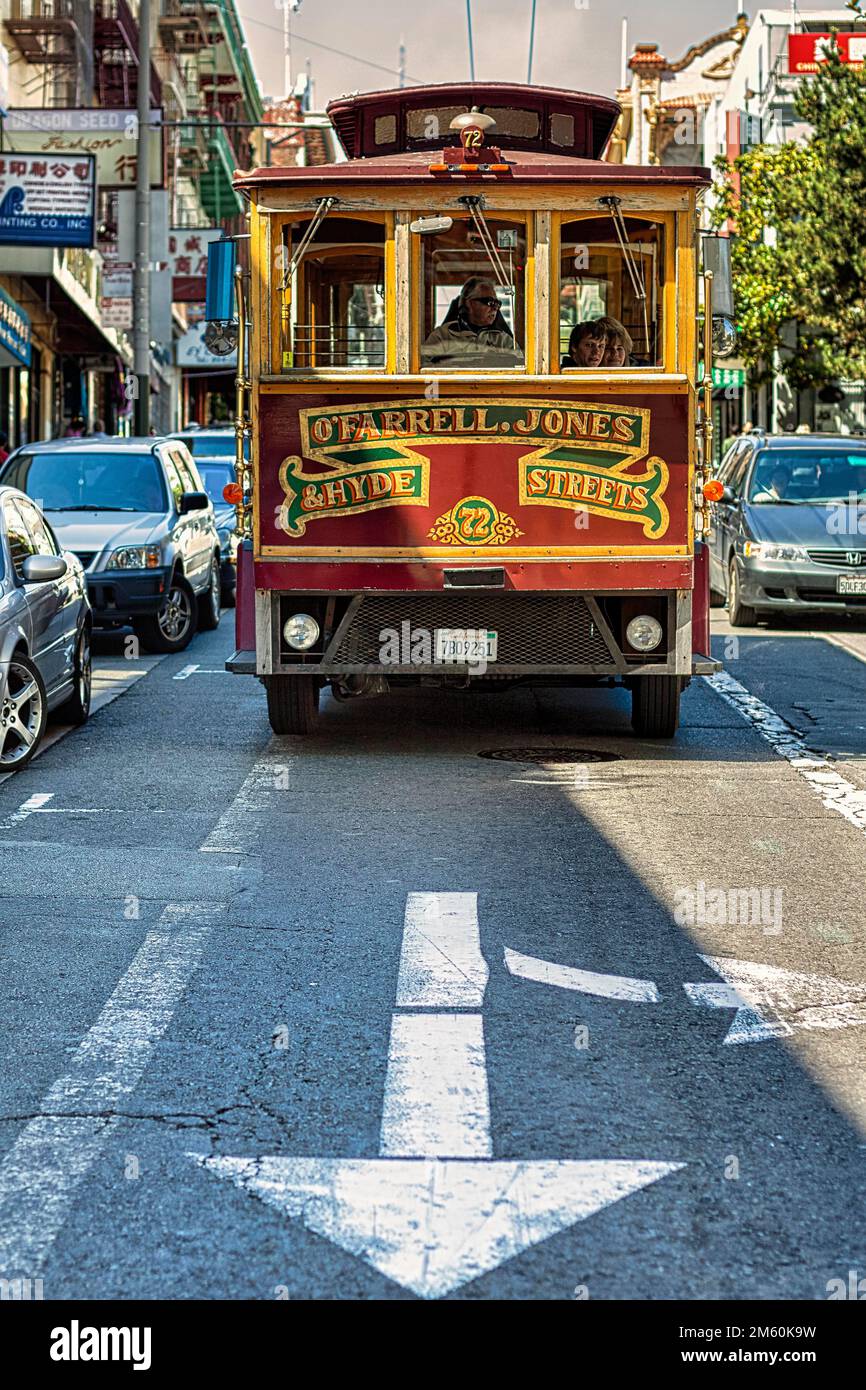 Historic tram, cable car in traffic, frontal, from front, directional ...