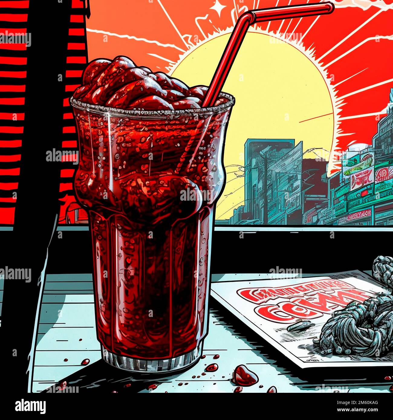An image of a glass of cola on the table in an old diner. Comic style ...