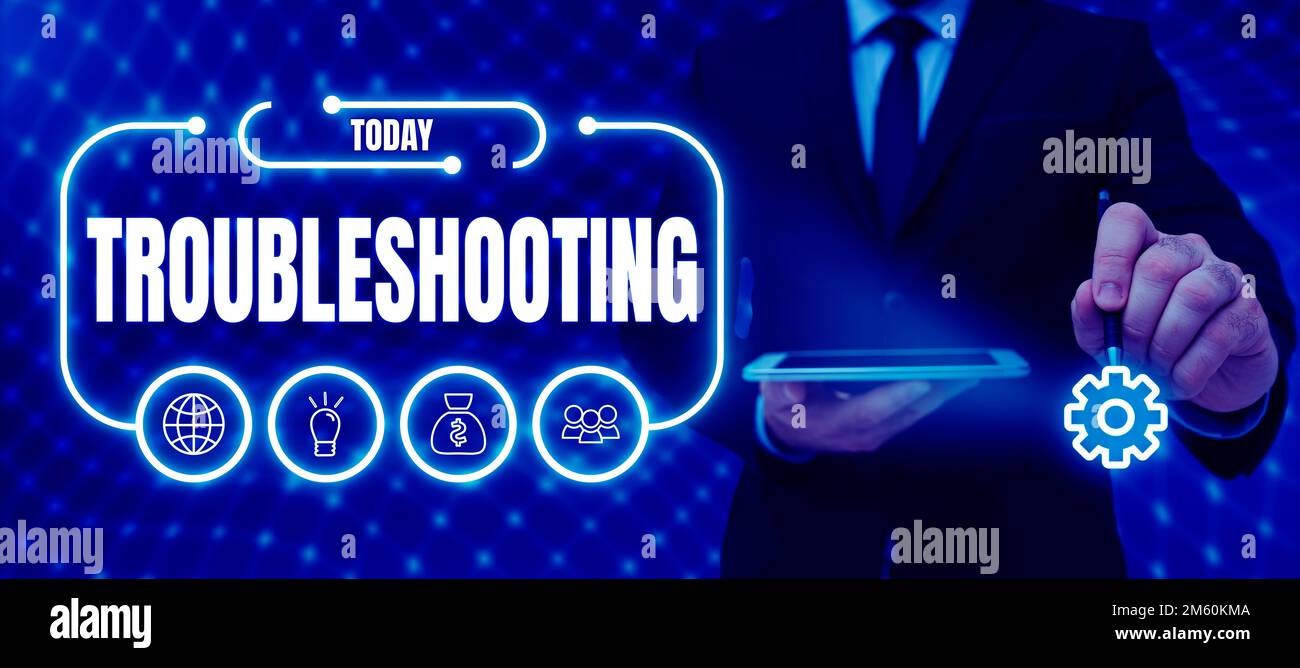 Text caption presenting Troubleshooting. Concept meaning an act of ...