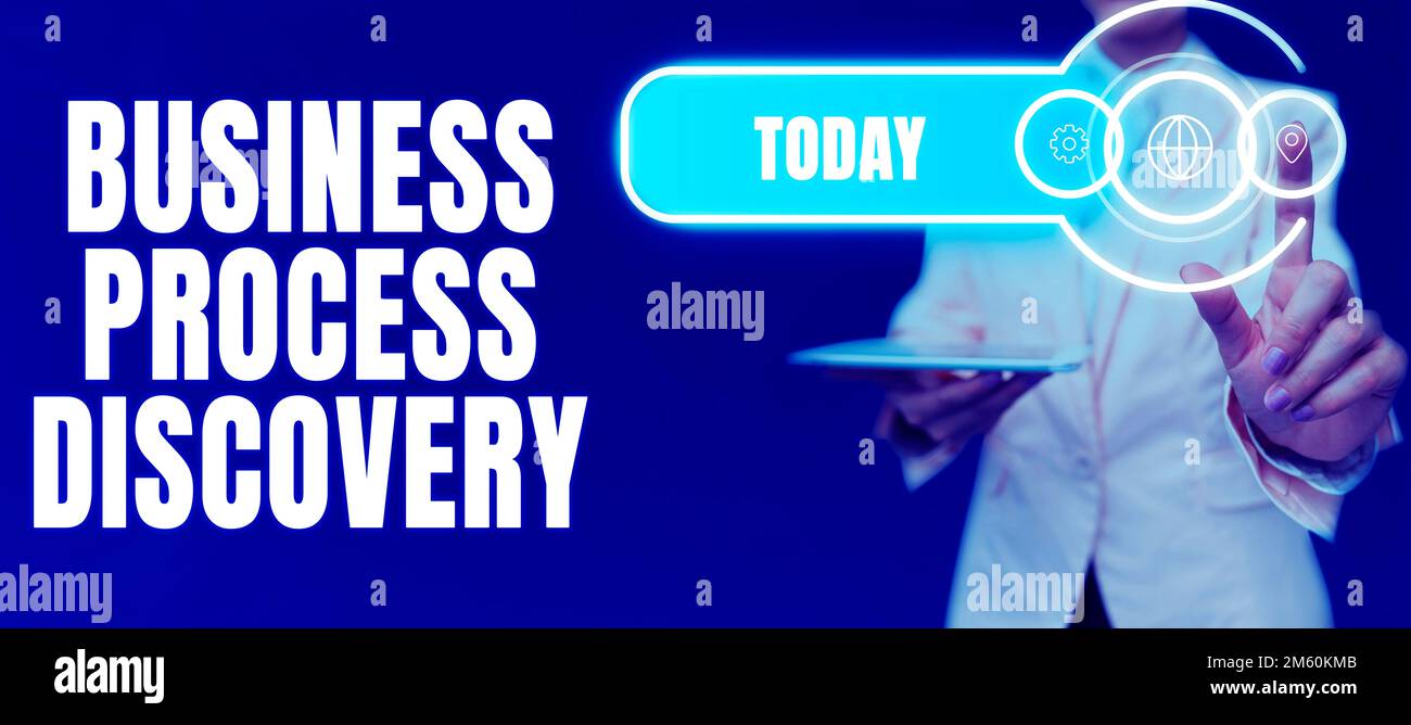 Text sign showing Business Process Discovery. Concept meaning implemented to accomplish a target ...