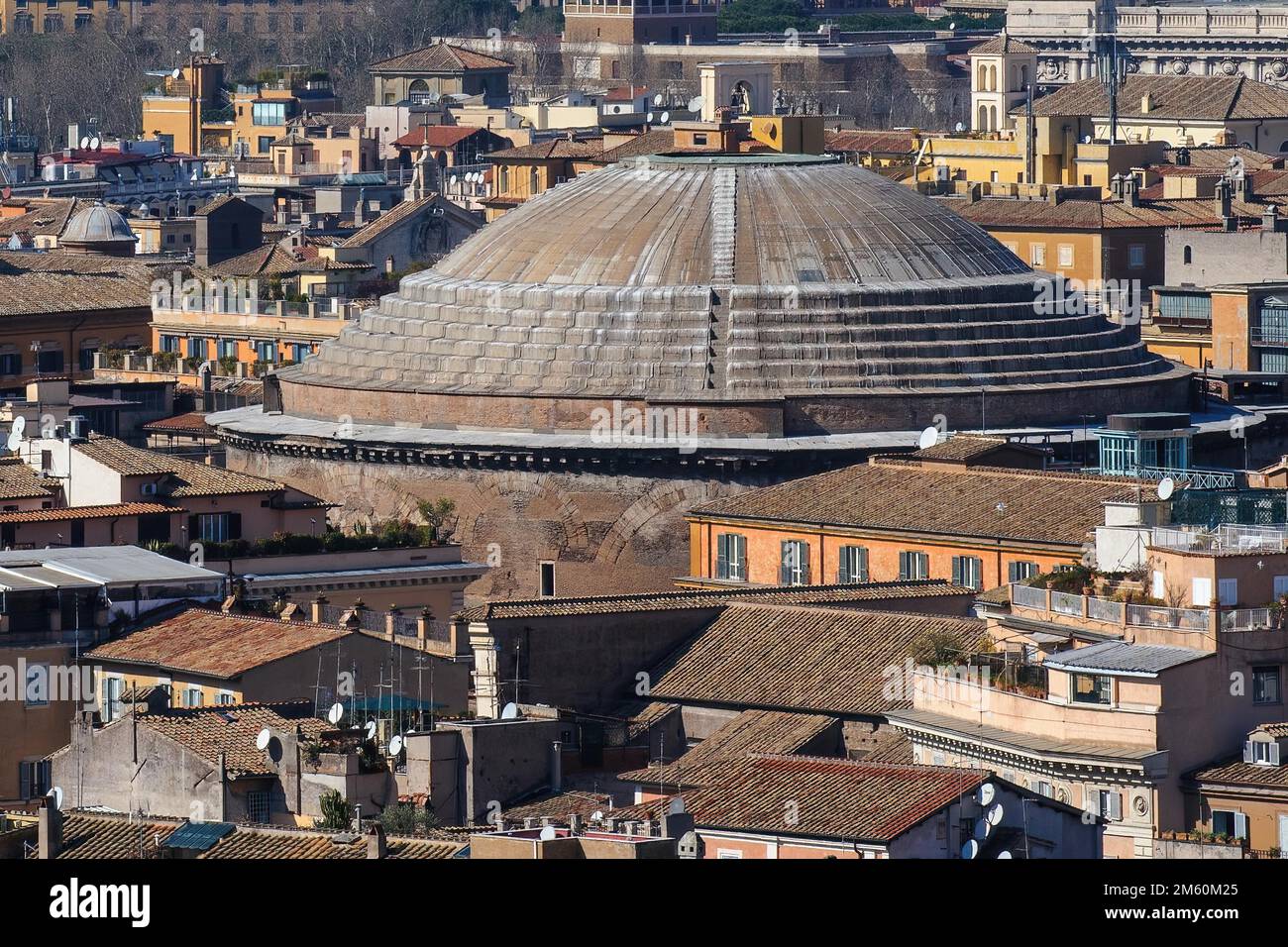 View from elevated position on historic dome of Pantheon Dome building ...