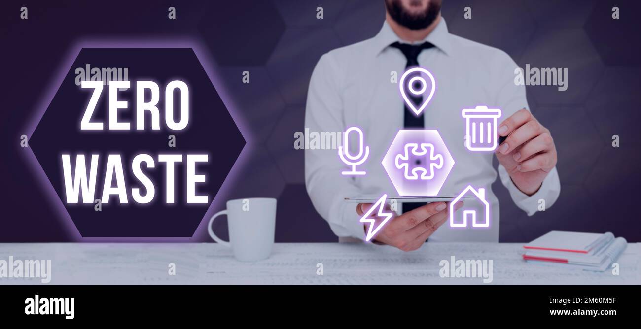 Writing displaying text Zero Waste. Business approach industrial responsibility includes ...