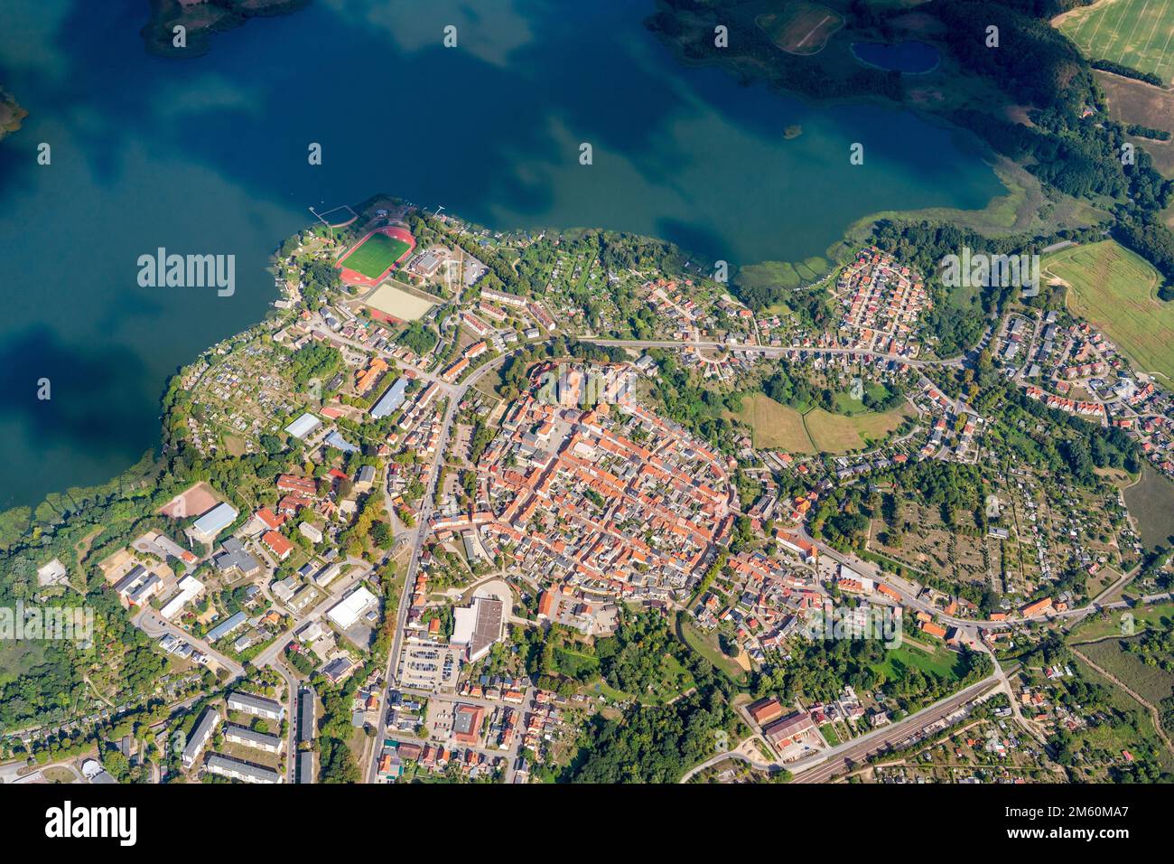 Aerial view of the town of Sternberg, Sternberger Seenland nature Park ...