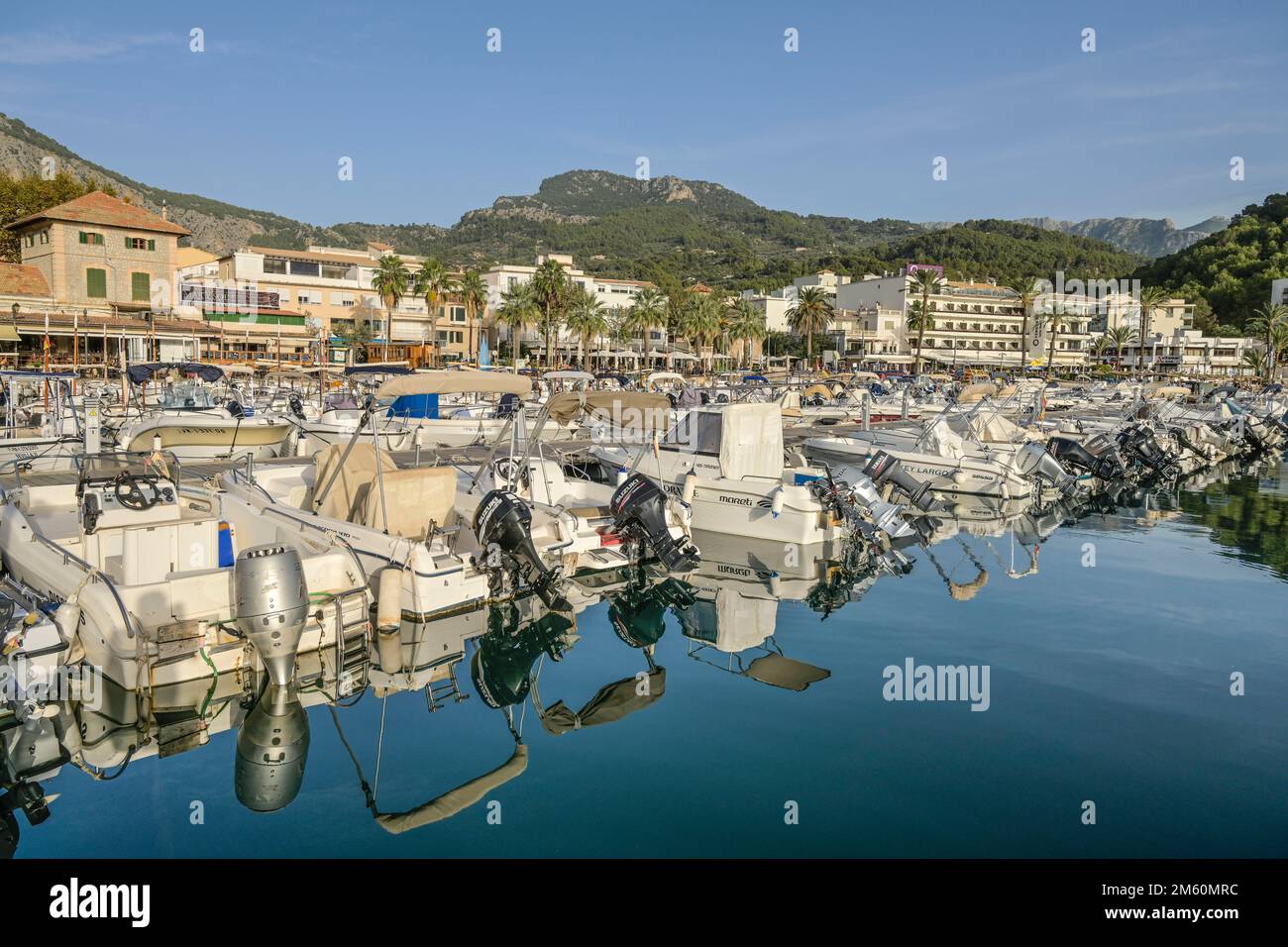 Motor boats, harbour, bay of Port de Soller, Majorca, Spain Stock Photo ...