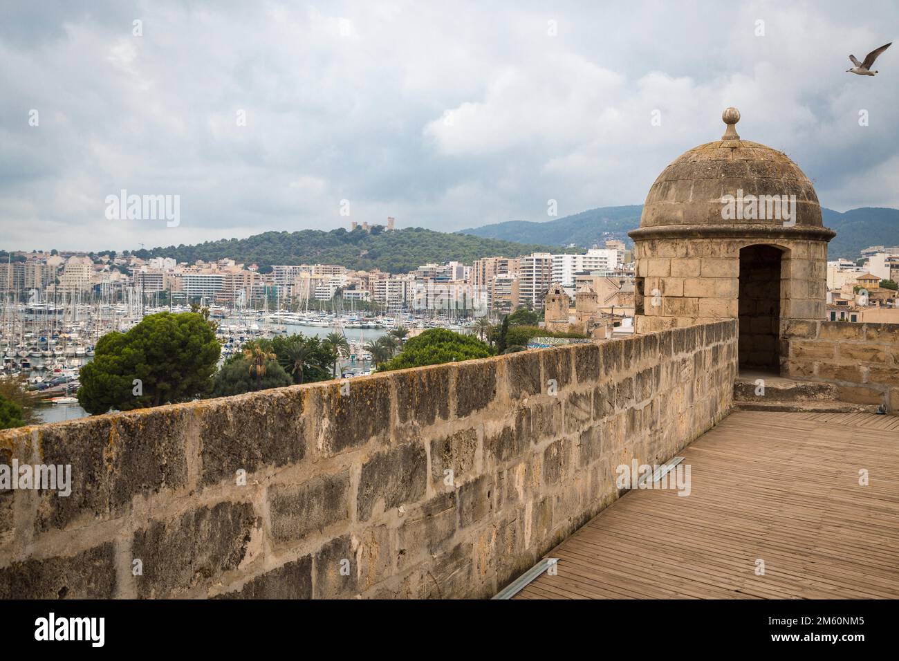 View of Palma with harbour and Castell de Bellver from the roof of the ...