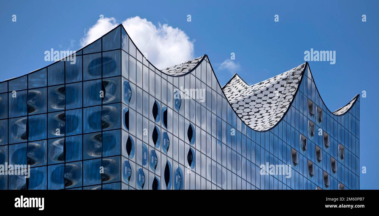 Elbe Philharmonic Hall, detail of the glass facade with cloud ...