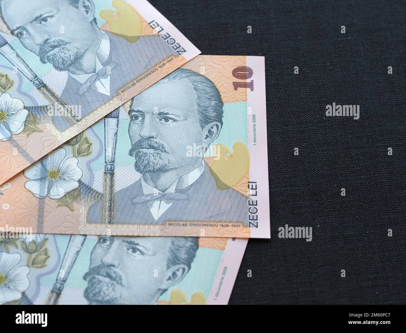 Romanian banknotes of 10 lei with the portrait of Nicolae Grigorescu on ...