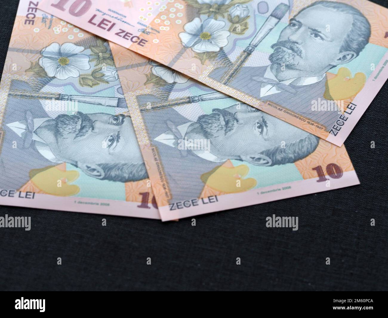 Romanian banknotes of 10 lei with the portrait of Nicolae Grigorescu on ...