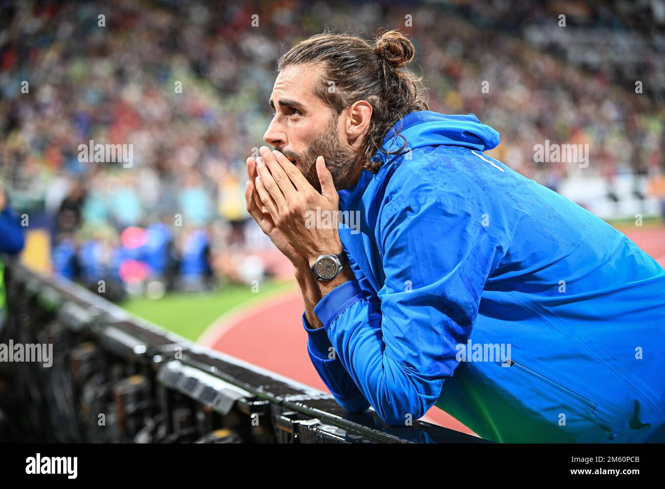 Gianmarco Tamberi participating in the high jump at the 2022 European ...