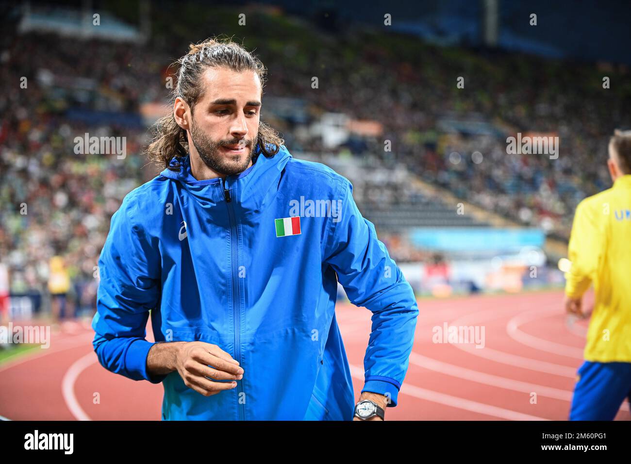 Gianmarco Tamberi participating in the high jump at the 2022 European ...