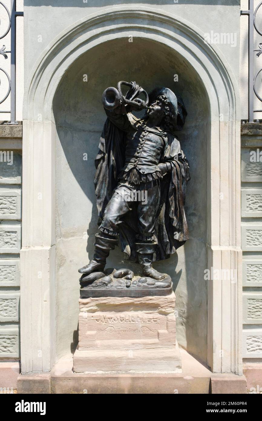Trumpeter statue at Schoenau Castle, Castle Park, Bad Saeckingen, Black ...