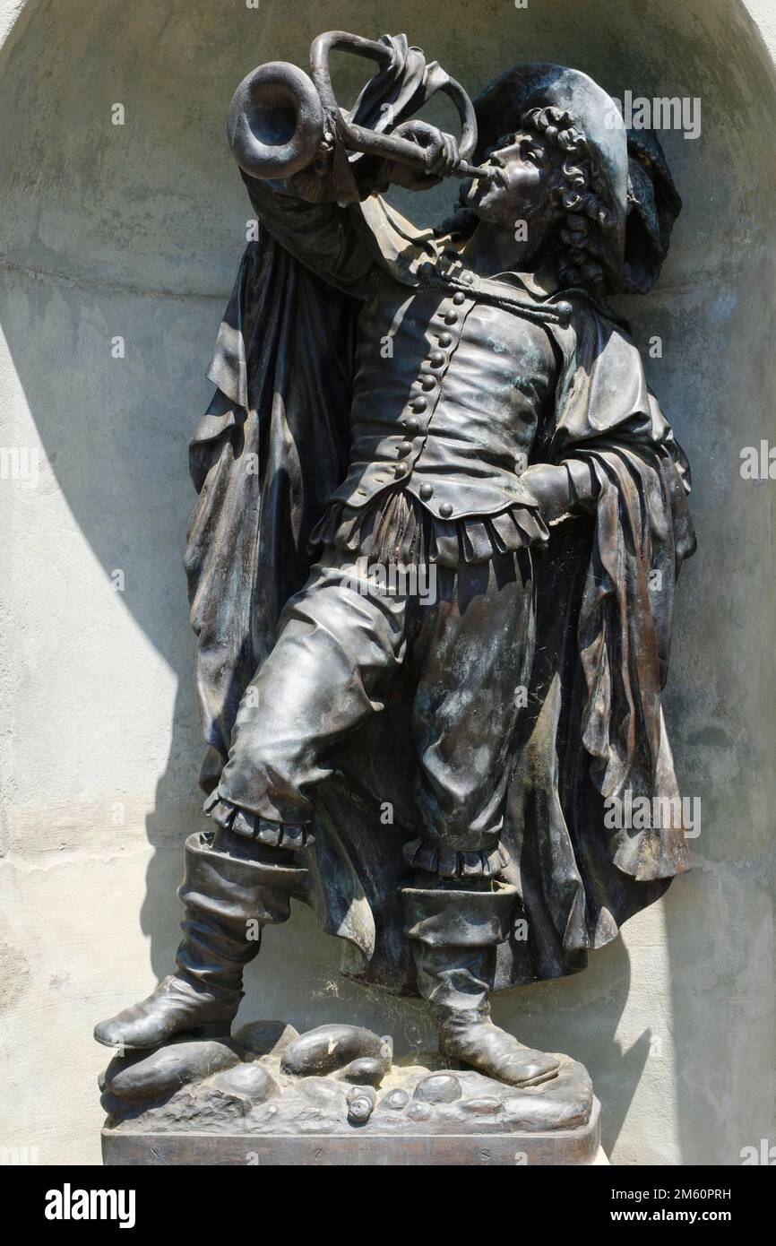 Trumpeter statue at Schoenau Castle, Castle Park, Bad Saeckingen, Black ...