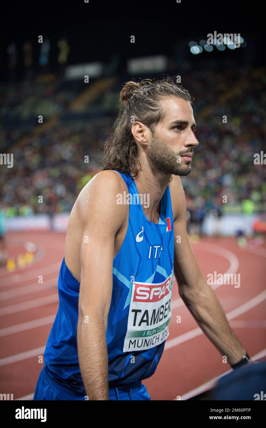Gianmarco Tamberi participating in the high jump at the 2022 European ...
