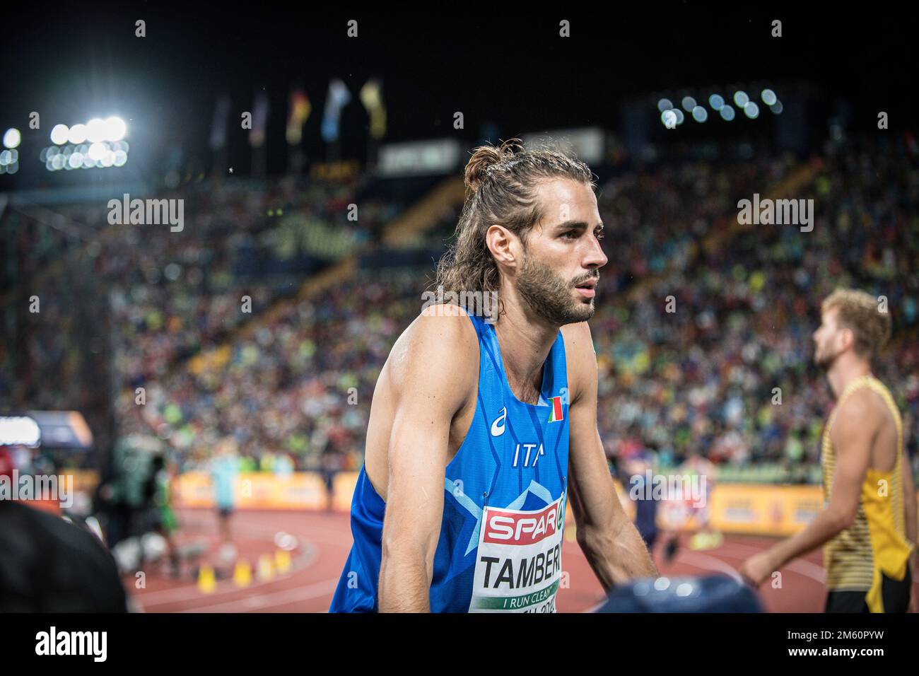Gianmarco Tamberi participating in the high jump at the 2022 European ...