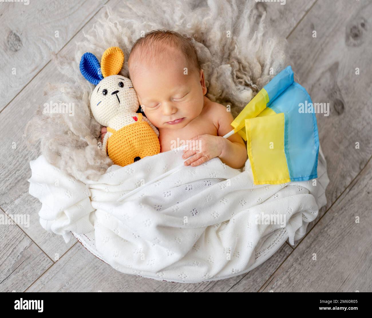 Newborn baby boy sleeping with yellow blue bunny toy and ukrainian flag ...