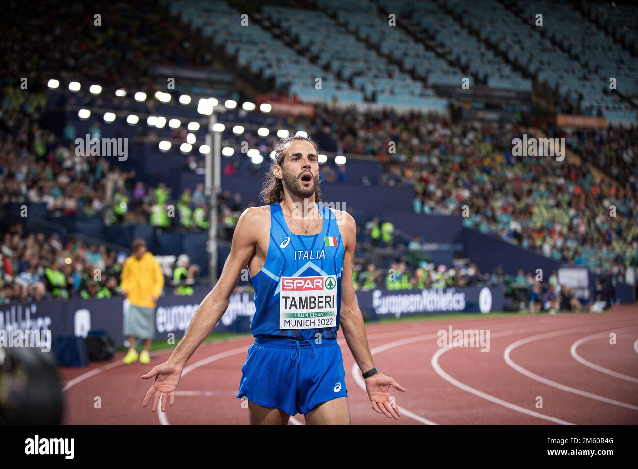 Gianmarco Tamberi participating in the high jump at the 2022 European ...