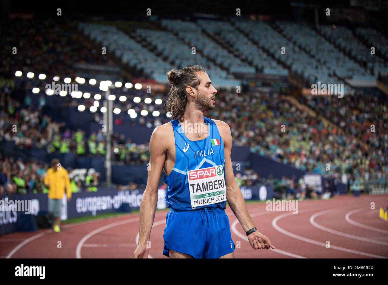 Gianmarco Tamberi participating in the high jump at the 2022 European ...