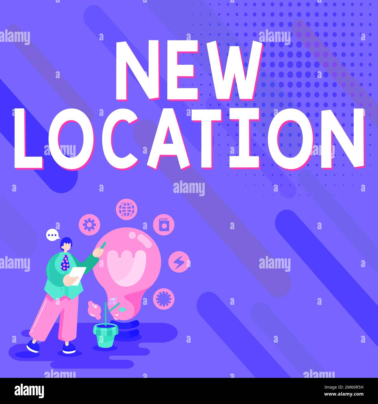 Text caption presenting New Location. Word Written on Get located on a ...