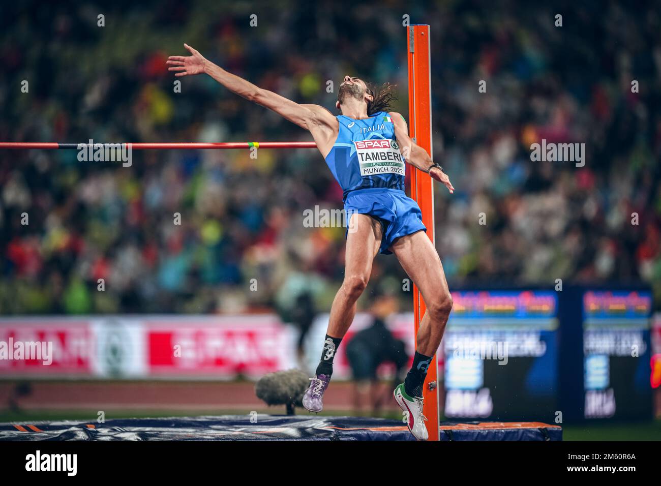 Gianmarco Tamberi jumping in the high jump at the European Athletics ...