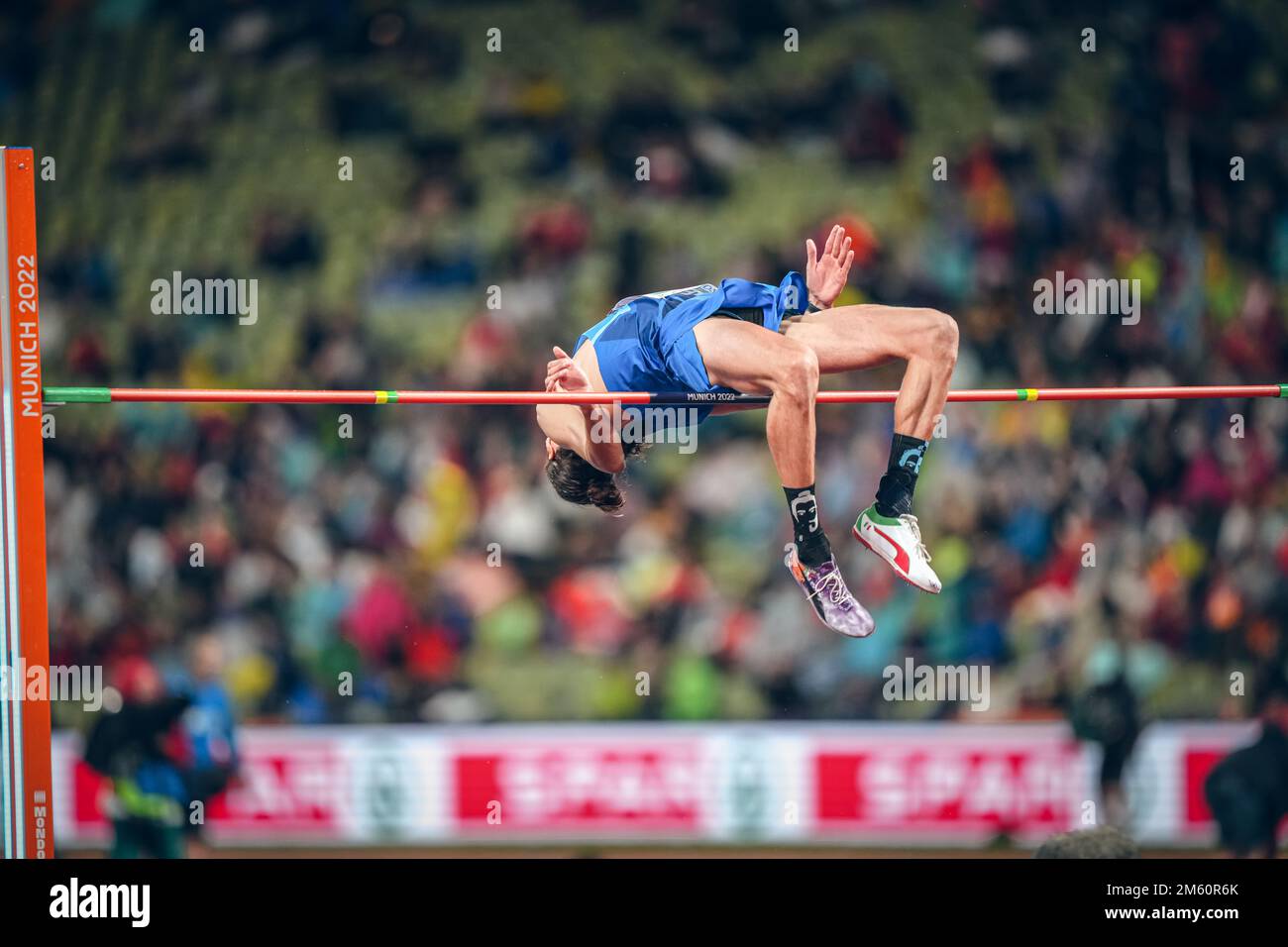 Gianmarco Tamberi jumping in the high jump at the European Athletics ...