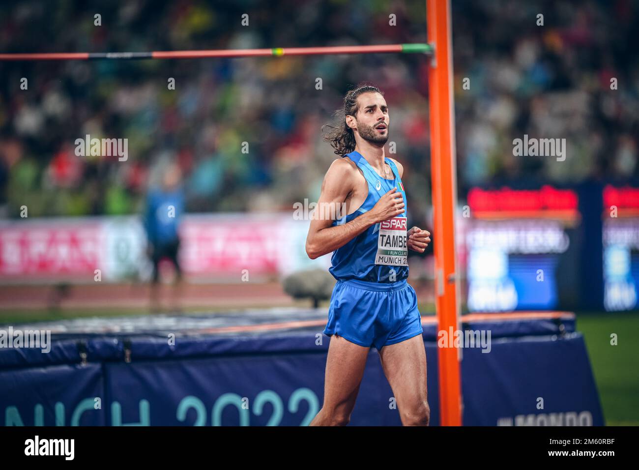 Gianmarco Tamberi participating in the high jump at the 2022 European ...